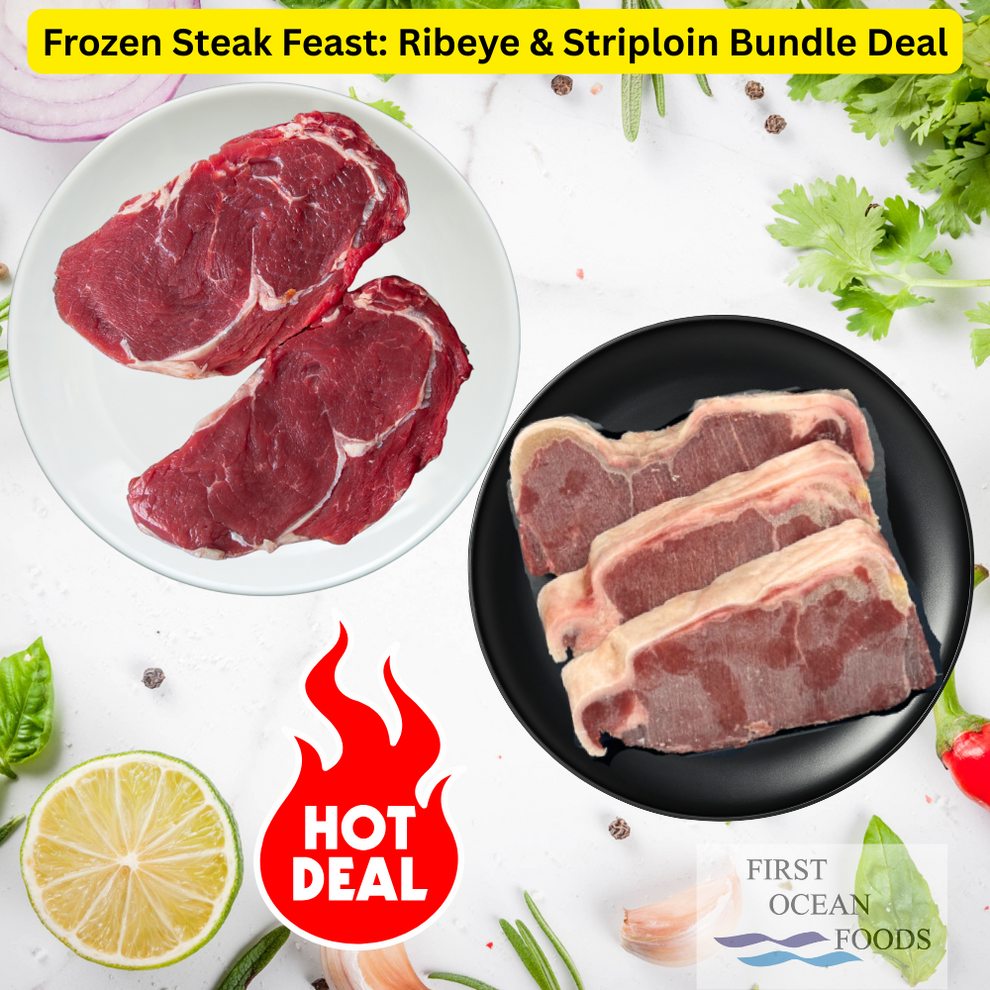 (First Ocean Foods) Frozen Steak Feast: Ribeye & Striploin Bundle Deal